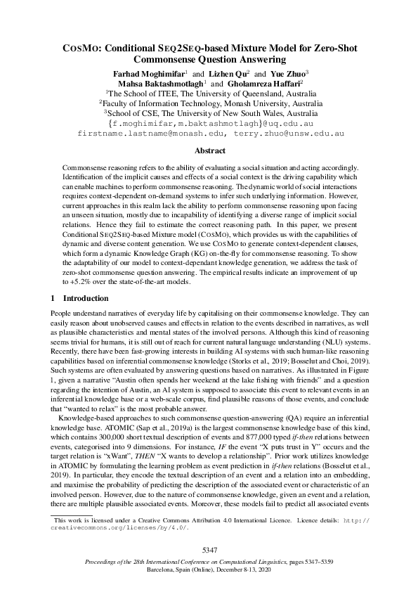 (PDF) CosMo: Conditional Seq2Seq-based Mixture Model for Zero-Shot Commonsense Question Answering