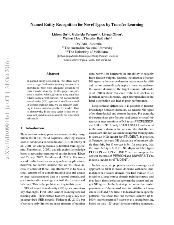 (PDF) Named Entity Recognition for Novel Types by Transfer Learning