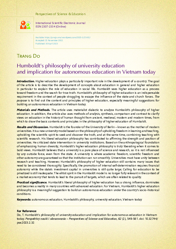 (PDF) Humboldt's philosophy of university education and implication for autonomous education in ...