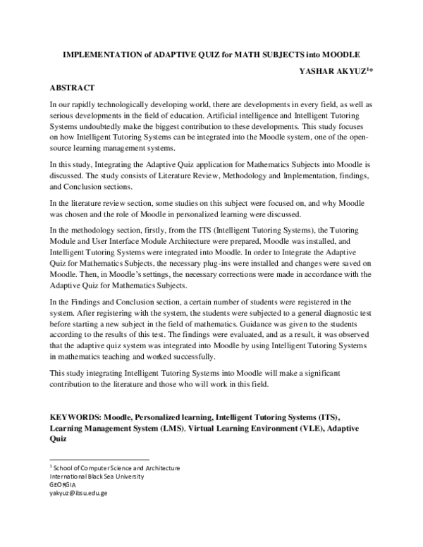 (PDF) IMPLEMENTATION of ADAPTIVE QUIZ for MATH SUBJECTS into MOODLE