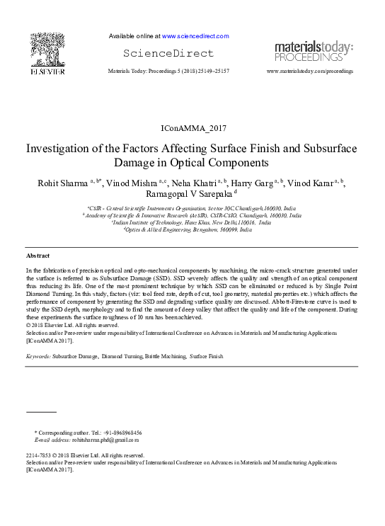 (PDF) Investigation of the Factors Affecting Surface Finish and Subsurface Damage in Optical ...