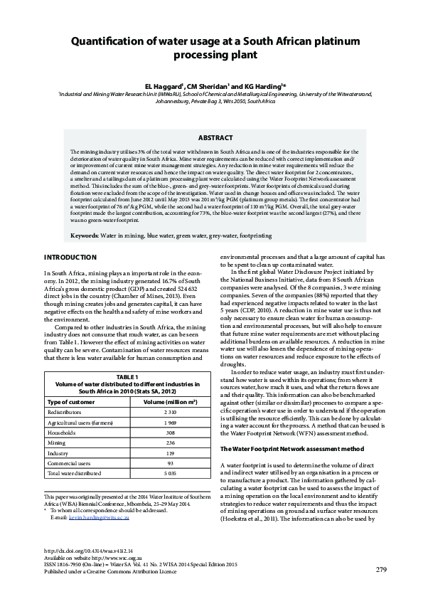 (PDF) Quantification of water usage at a South African platinum ...