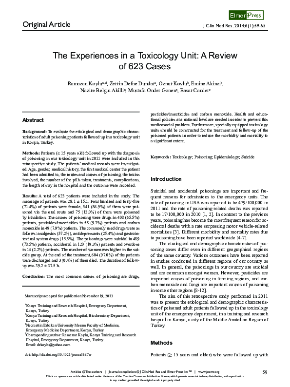 (PDF) The experiences in a toxicology unit: a review of 623 cases