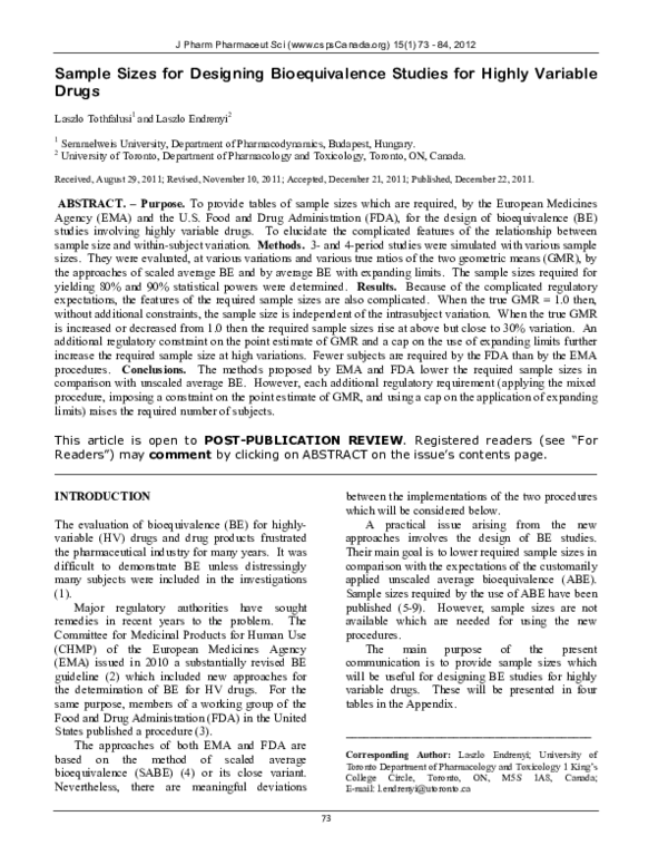 (PDF) Sample Sizes for Designing Bioequivalence Studies for Highly ...