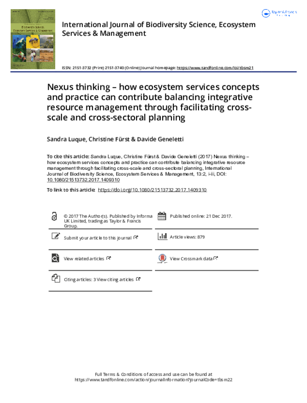 (PDF) Nexus thinking – how ecosystem services concepts and practice can ...