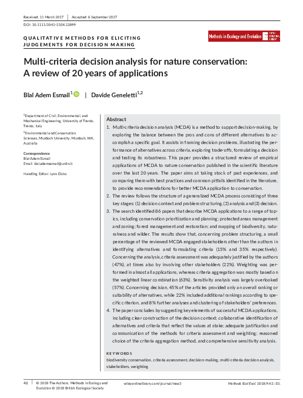 (PDF) Multi‐criteria decision analysis for nature conservation: A review of 20 years of applications