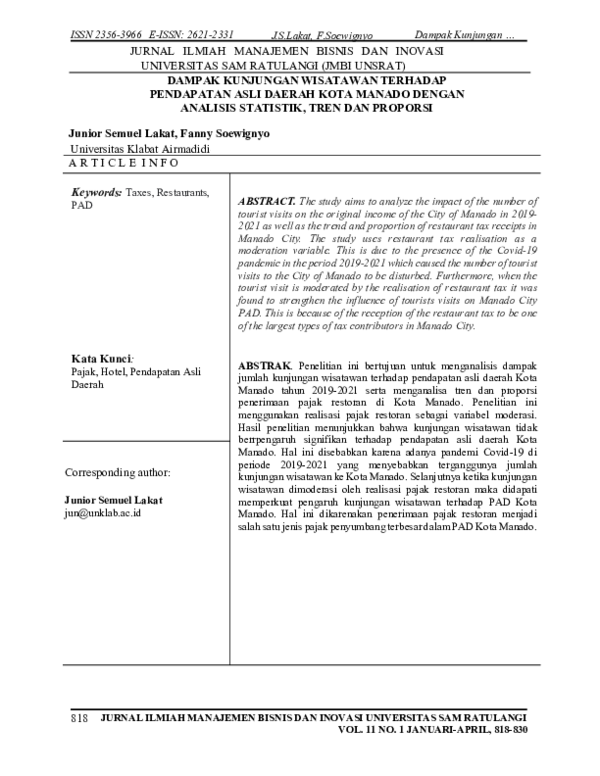 (PDF) Dampak Kunjungan Wisatawan Terhadap Pendapatan Asli Daerah Kota ...