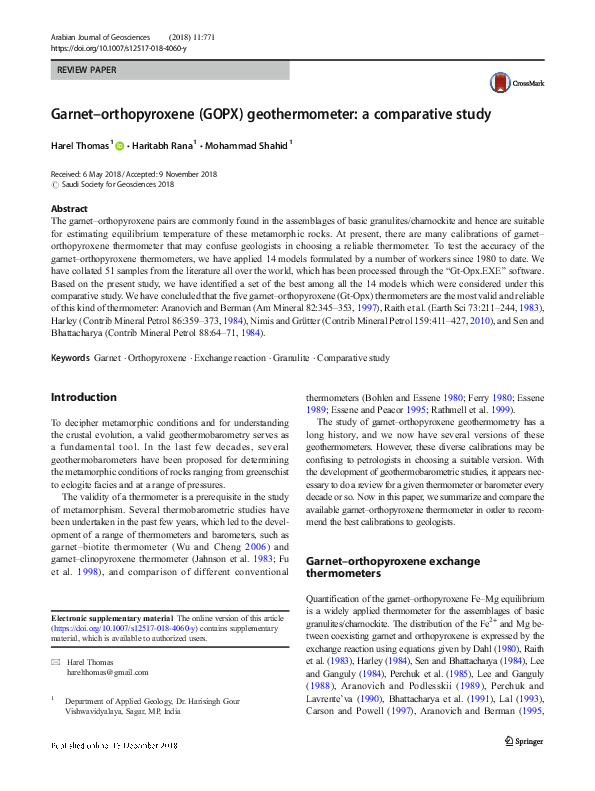 (PDF) Garnet–orthopyroxene (GOPX) geothermometer: a comparative study