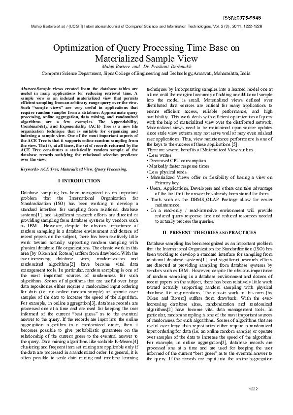 (PDF) Optimization of Query Processing Time Base on Materialized Sample View
