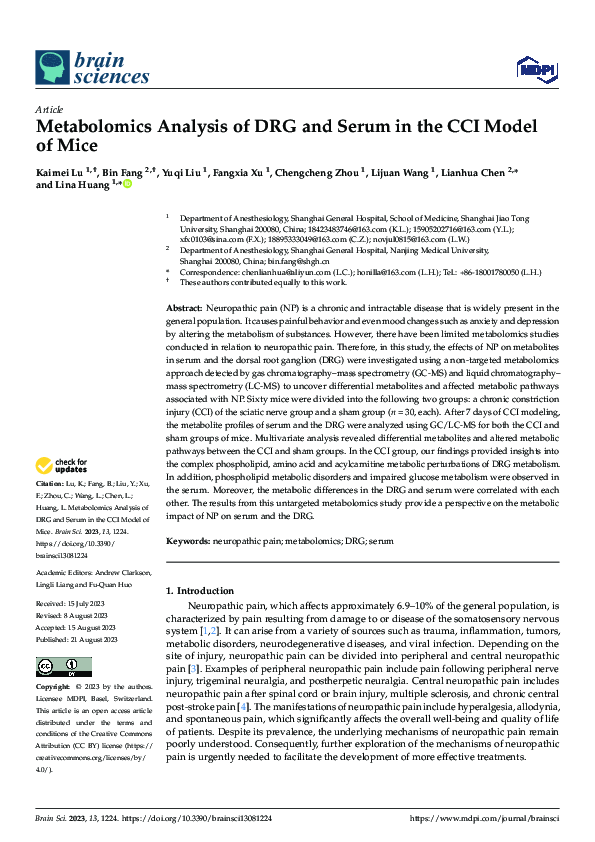 (PDF) Metabolomics Analysis of DRG and Serum in the CCI Model of Mice