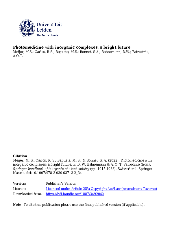 (PDF) Photomedicine with Inorganic Complexes: A Bright Future