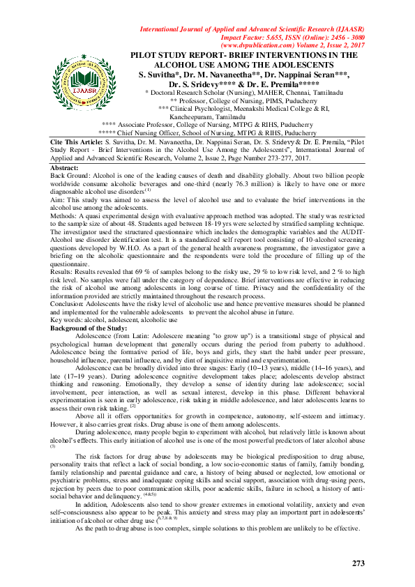 (PDF) Pilot Study Report- Brief Interventions In The Alcohol Use Among The Adolescents
