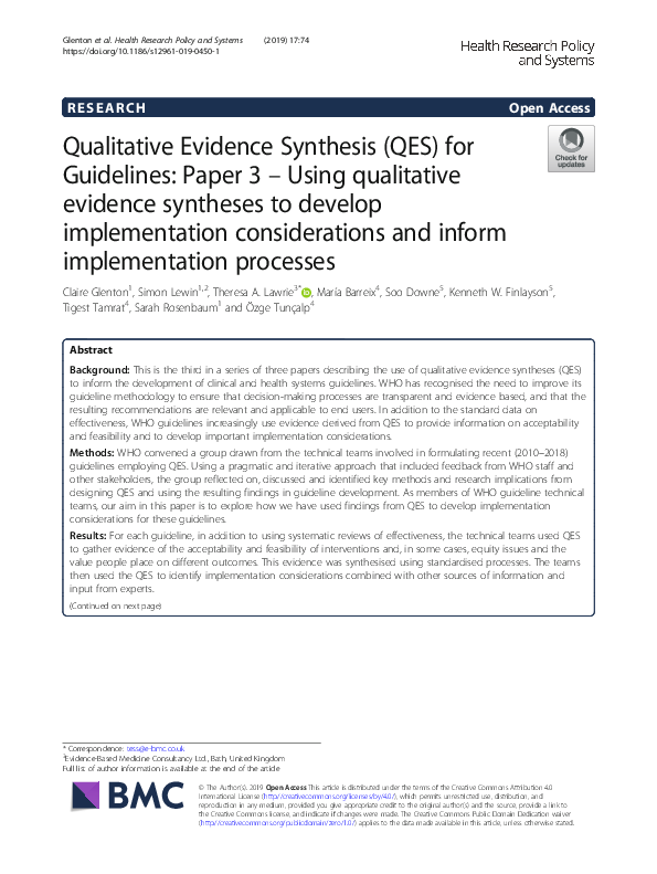 (PDF) Qualitative Evidence Synthesis (QES) for Guidelines: Paper 3 ...