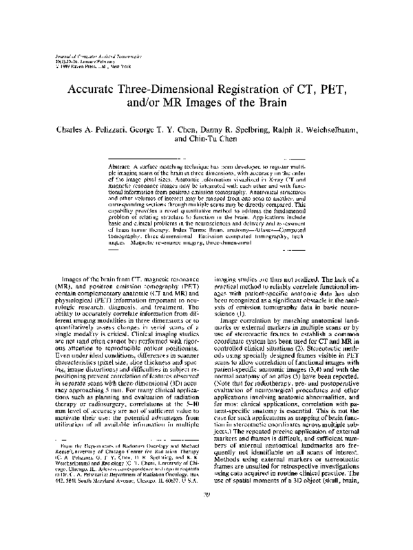 (PDF) Accurate Three-Dimensional Registration of CT, PET, and/or MR Images of the Brain | Chintu ...