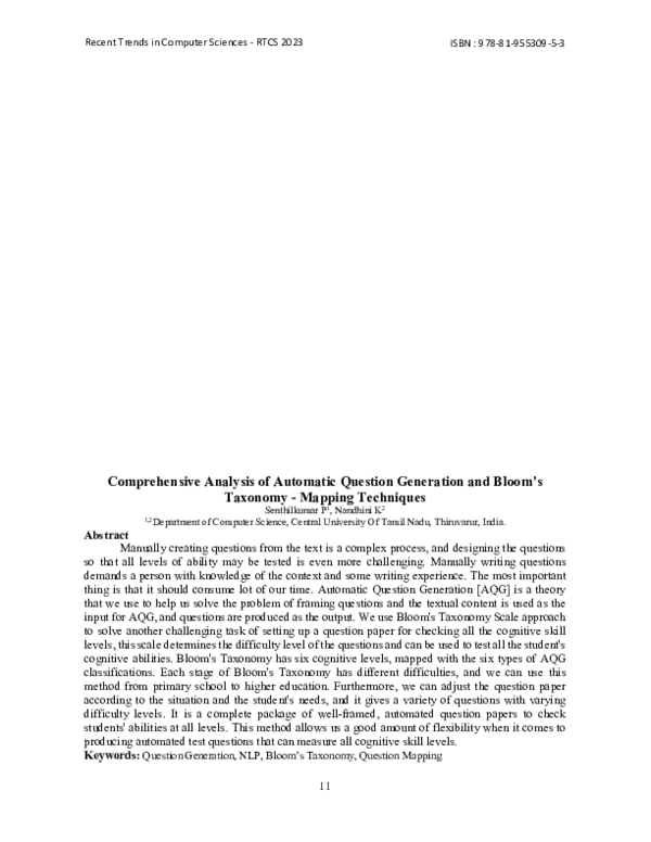 (PDF) Comprehensive Analysis of Automatic Question Generation and Bloom ...