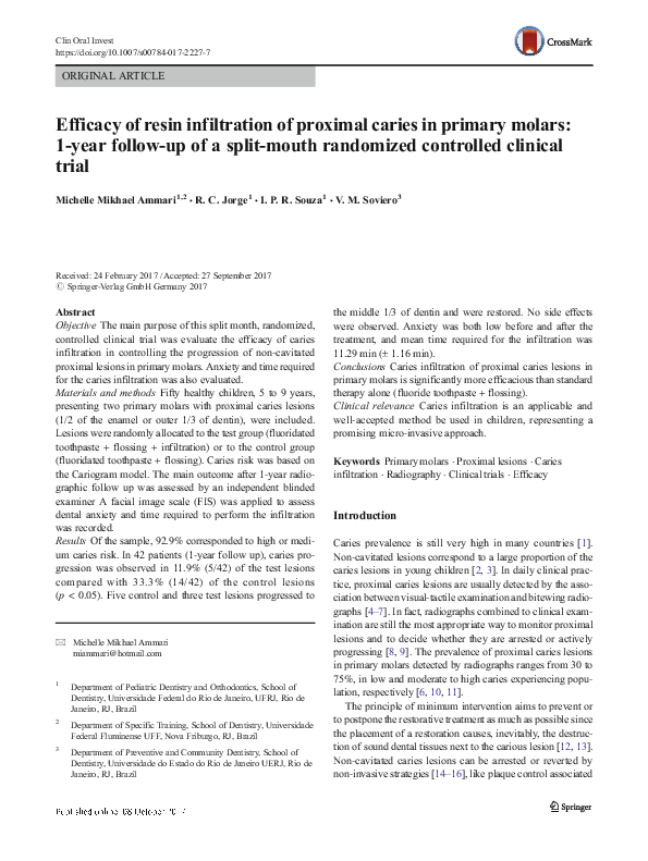 (PDF) Efficacy of resin infiltration of proximal caries in primary molars: 1-year follow-up of a ...