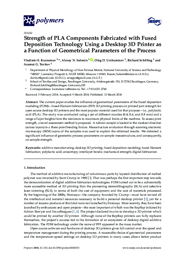 (PDF) Strength of PLA Components Fabricated with Fused Deposition Technology Using a Desktop 3D ...