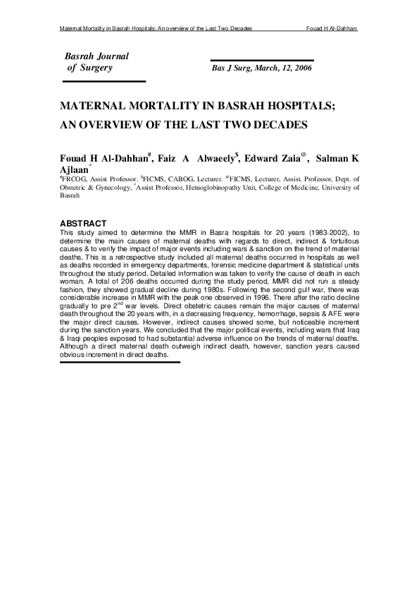 (PDF) Maternal Mortality in Basrah Hospitals; an Overview of the Last ...