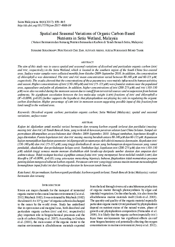 (PDF) Spatial and Seasonal Variations of Organic Carbon-Based Nutrients in Setiu Wetland, Malaysia