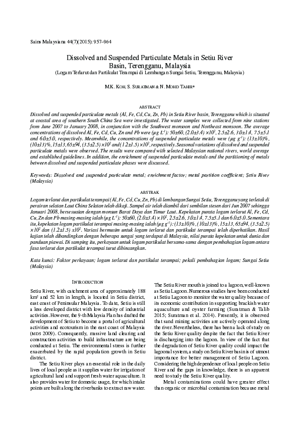 (PDF) Dissolved and Suspended Particulate Metals in Setiu River Basin, Terengganu, Malaysia