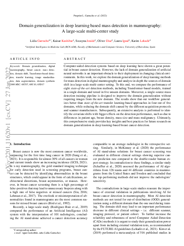 (PDF) Domain generalization in deep learning based mass detection in ...