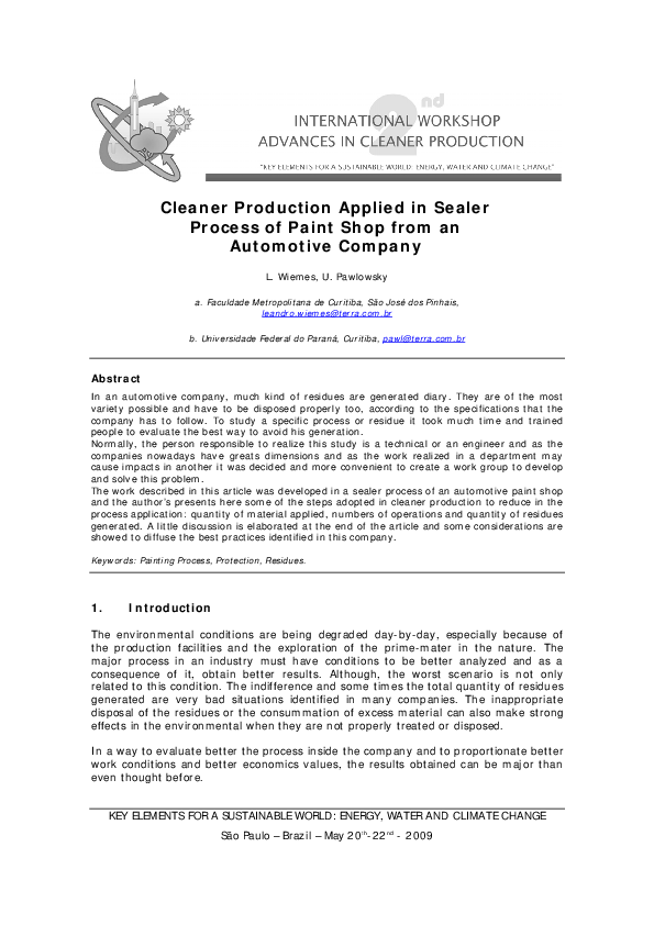 (PDF) Cleaner Production Applied in Sealer Process of Paint Shop from an Automotive Company