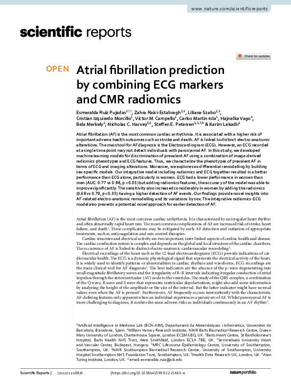 (PDF) Atrial fibrillation prediction by combining ECG markers and CMR radiomics