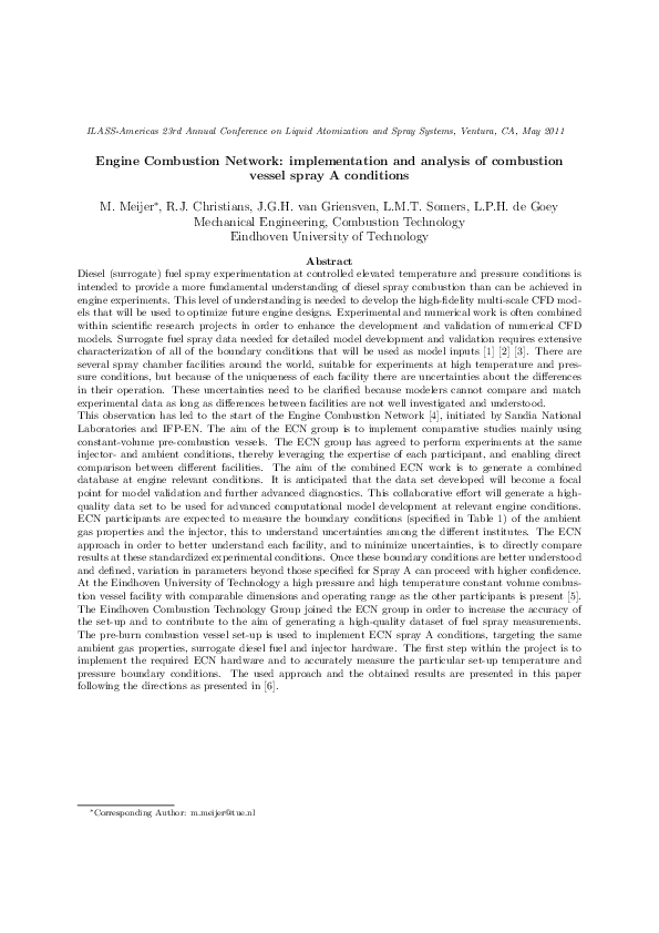 Pdf Engine Combustion Network Implementation And Analysis Of Combustion Vessel Spray A