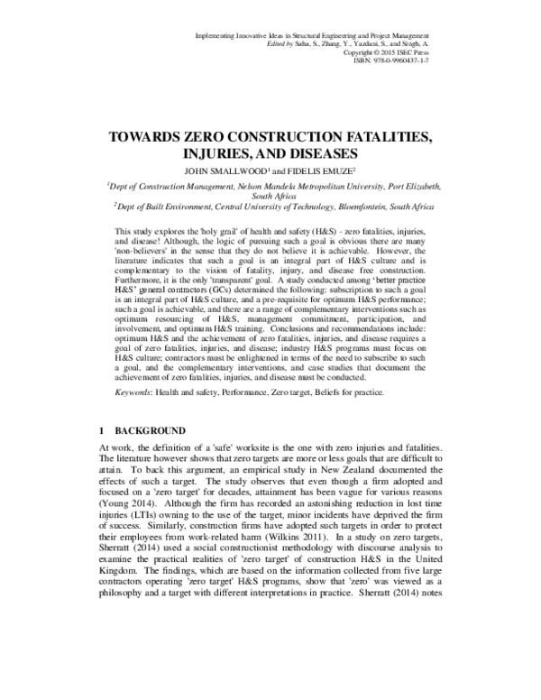 (PDF) Towards Zero Construction Fatalities, Injuries, and Diseases ...