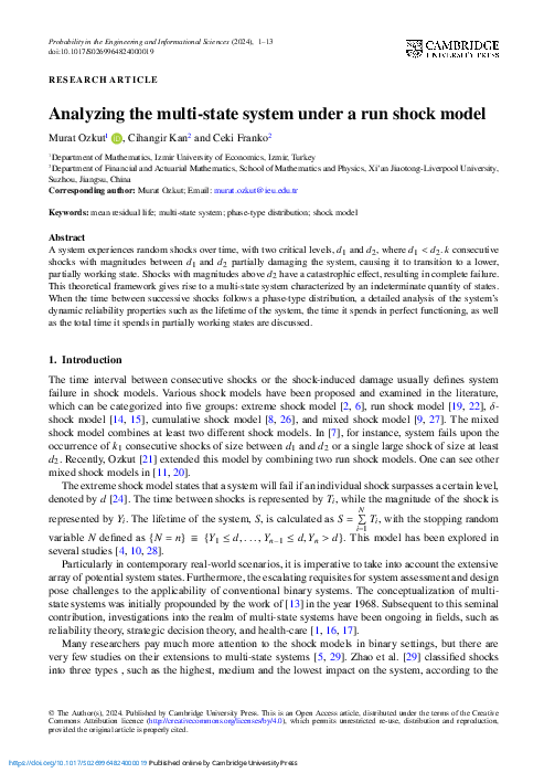 (PDF) Analyzing the multi-state system under a run shock model | Murat ...