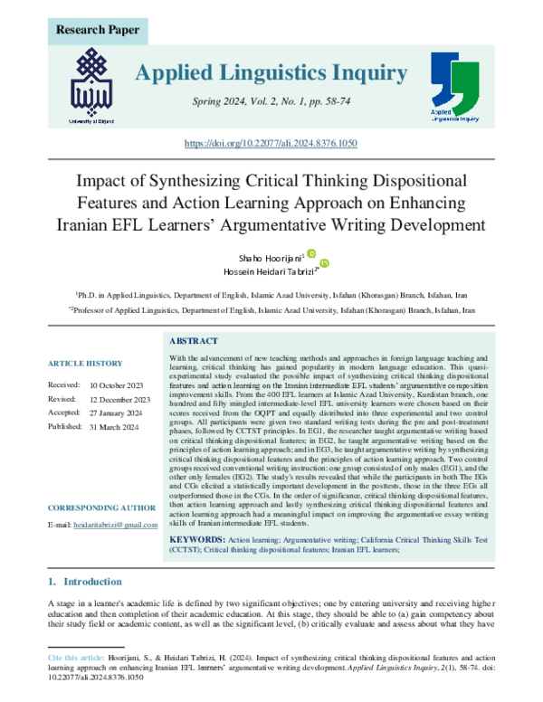 (PDF) Impact of Synthesizing Critical Thinking Dispositional Features and Action Learning ...