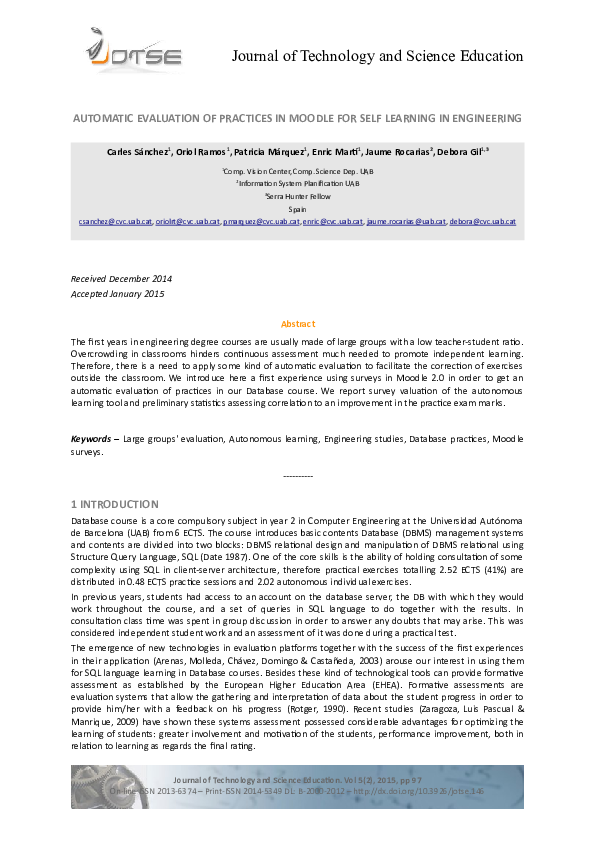 (PDF) Automatic evaluation of practices in Moodle for Self Learning in Engineering