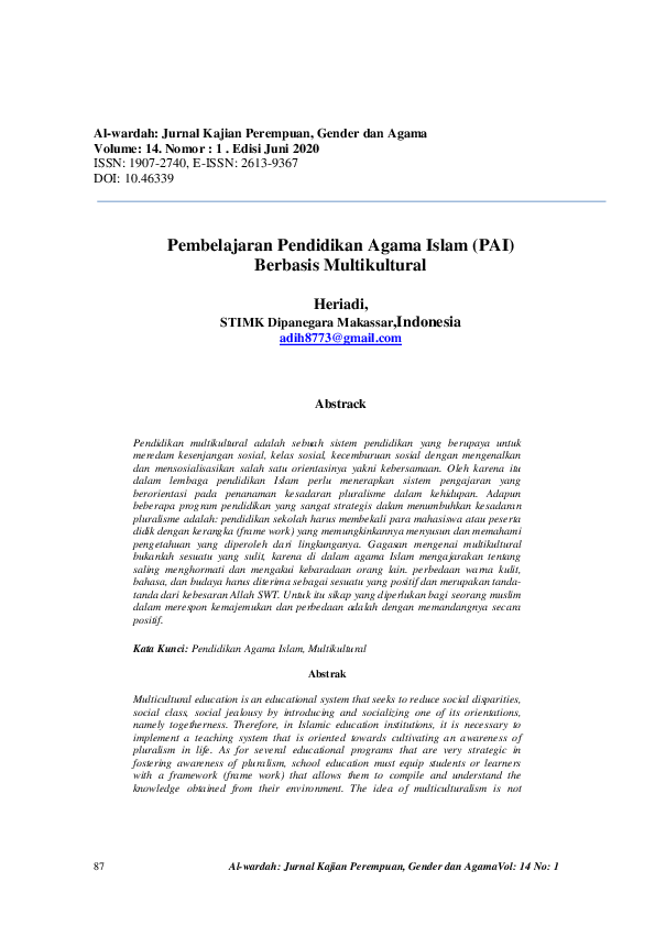 (PDF) Pembelajaran Pendidikan Agama Islam (PAI) Berbasis Multikultural