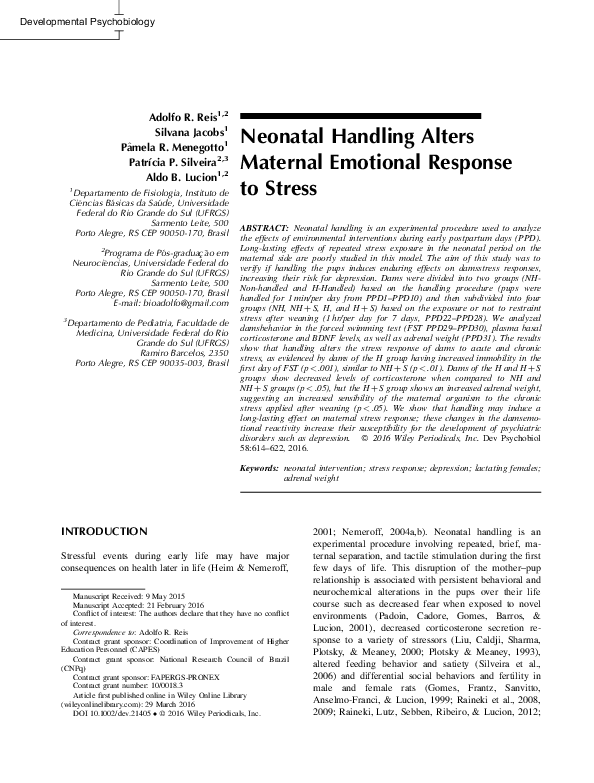 (PDF) Neonatal handling alters maternal emotional response to stress
