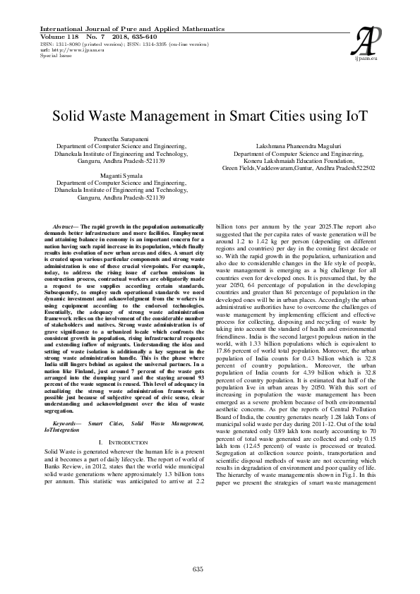 (PDF) Solid Waste Management in Smart Cities using IoT