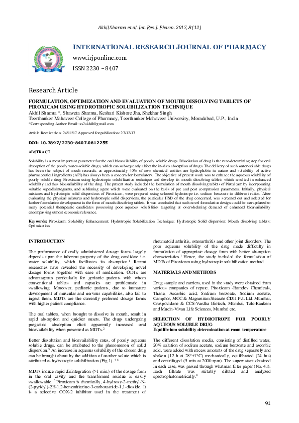 Pdf Formulation Optimization And Evaluation Of Mouth Dissolving Tablets Of Piroxicam Using