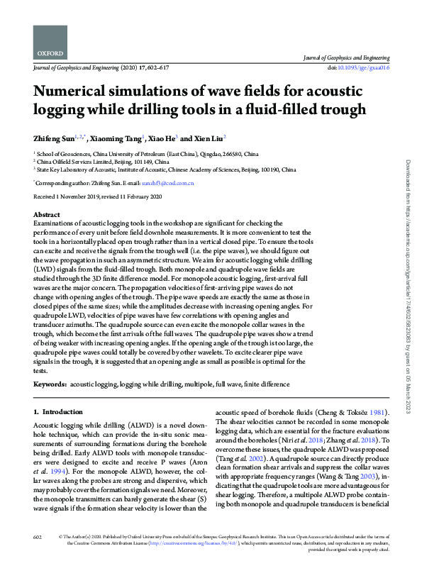 (PDF) Numerical simulations of wave fields for acoustic logging while drilling tools in a fluid ...