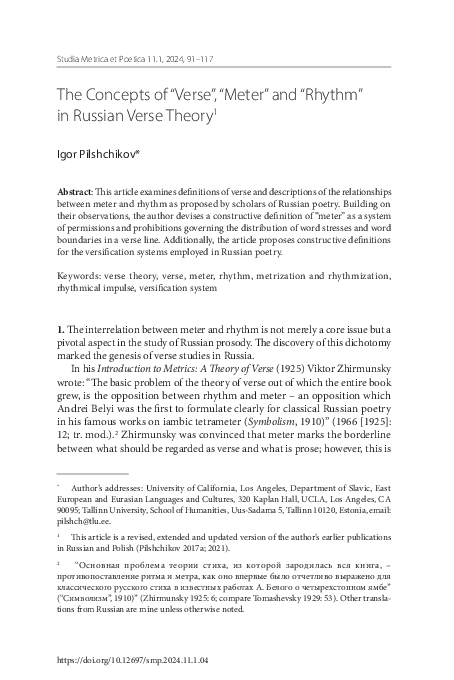 (PDF) The Concepts of “Verse”, “Meter” and “Rhythm” in Russian Verse Theory
