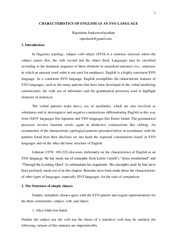 (PDF) CHARACTERISTICS OF ENGLISH AS AN SVO LANGUAGE