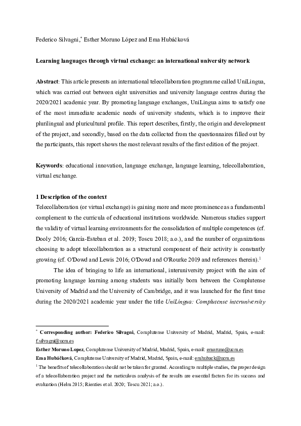 (PDF) Learning languages through virtual exchange: an international ...