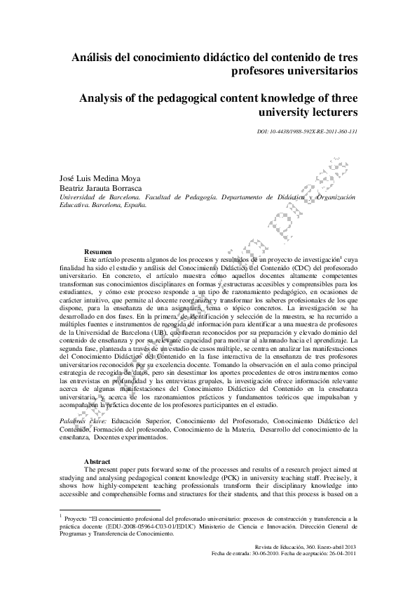 (PDF) Análisis del conocimiento didáctico del contenido de tres profesores universitarios