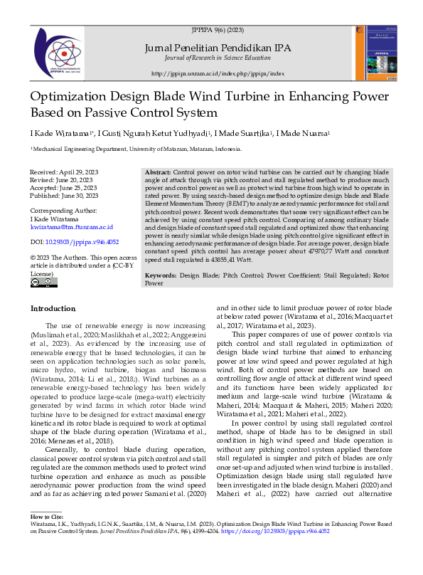 (PDF) Optimization Design Blade Wind Turbine in Enhancing Power Based on Passive Control System