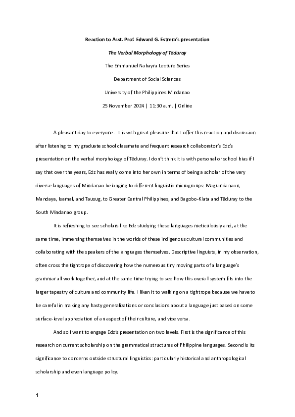 (PDF) Reaction to Asst. Prof. Edward G. Estrera's presentation The ...