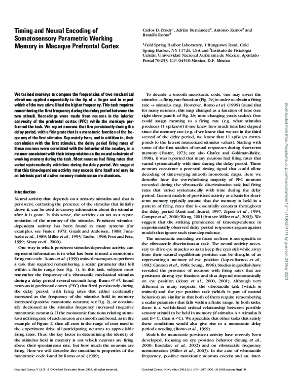 Pdf Timing And Neural Encoding Of Somatosensory Parametric Working Memory In Macaque