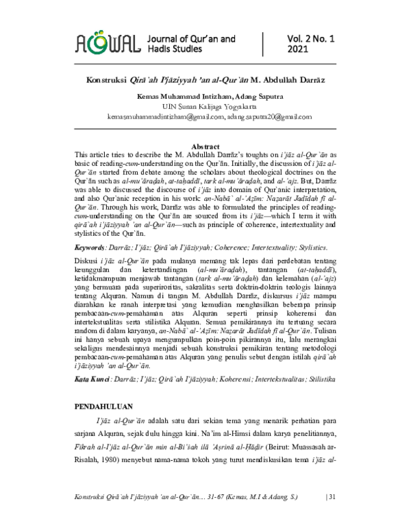 (PDF) Konstruksi Qira'ah I'jaziyyah ân al-Qur`an M. Abdullah Darraz