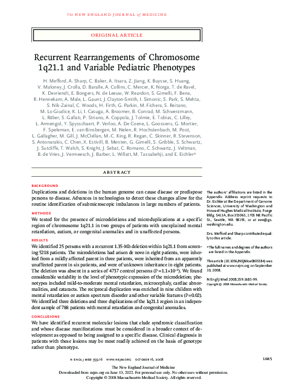 (PDF) Recurrent Rearrangements of Chromosome 1q21.1 and Variable Pediatric Phenotypes ...