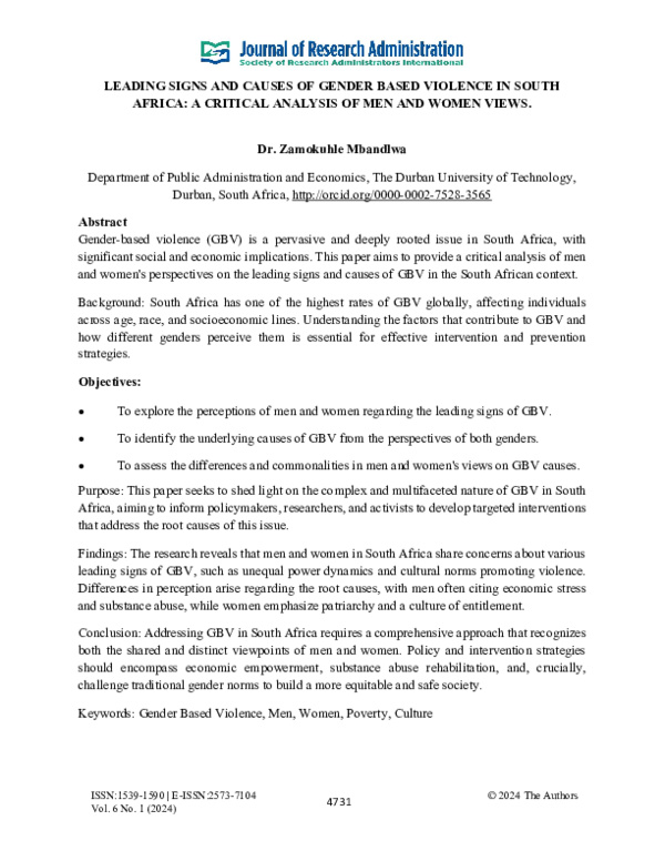 (PDF) LEADING SIGNS AND CAUSES OF GENDER BASED VIOLENCE IN SOUTH AFRICA ...