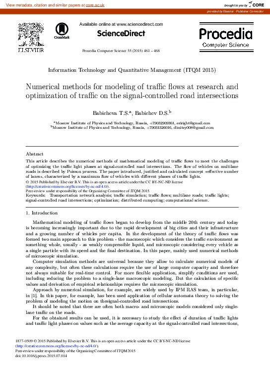 (PDF) Numerical Methods for Modeling of Traffic Flows at Research and Optimization of Traffic on ...