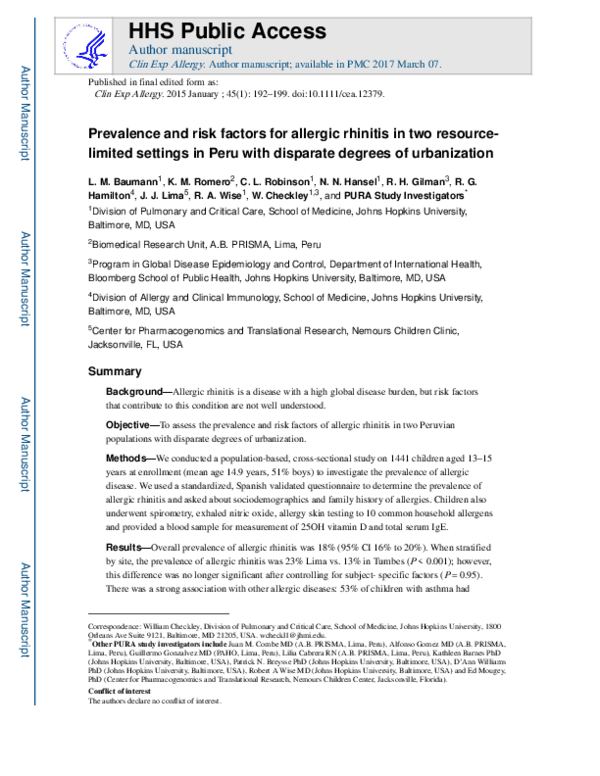 (PDF) Prevalence and risk factors for allergic rhinitis in two resource ...