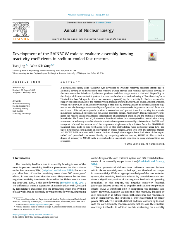 (PDF) Development of the RAINBOW code to evaluate assembly bowing reactivity coefficients in ...